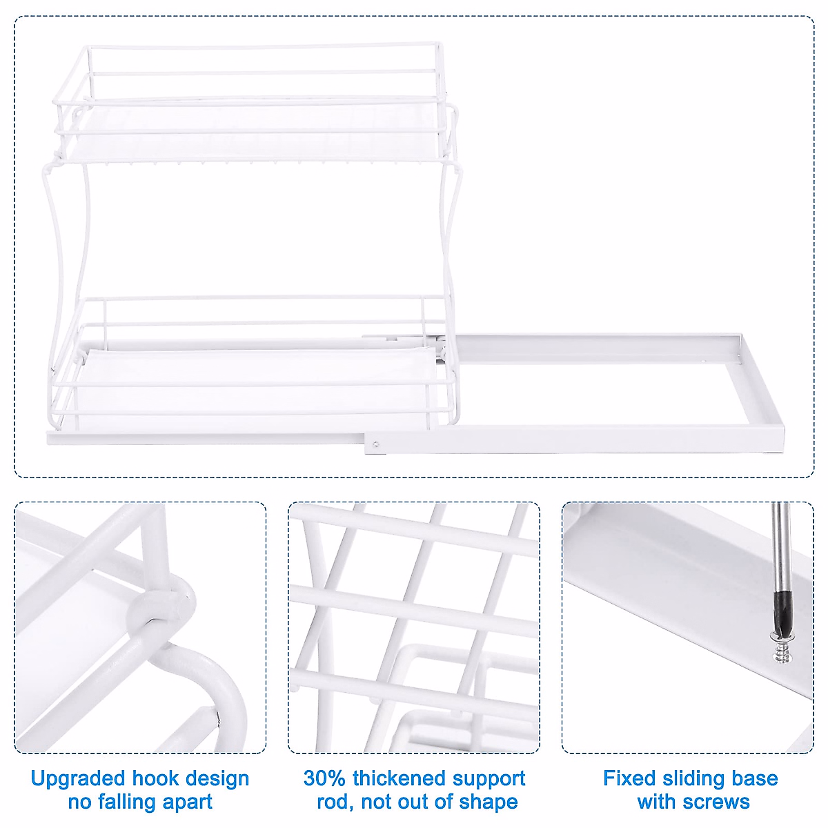 uxcell Pull Out Cabinet Organizer, 2-Tier Under Sink Slide Out Storage Shelf 14.7" L x 10.8" W x 13.3" H Bathroom Organizer Kitchen Cabinet Storage with Sliding Drawer White