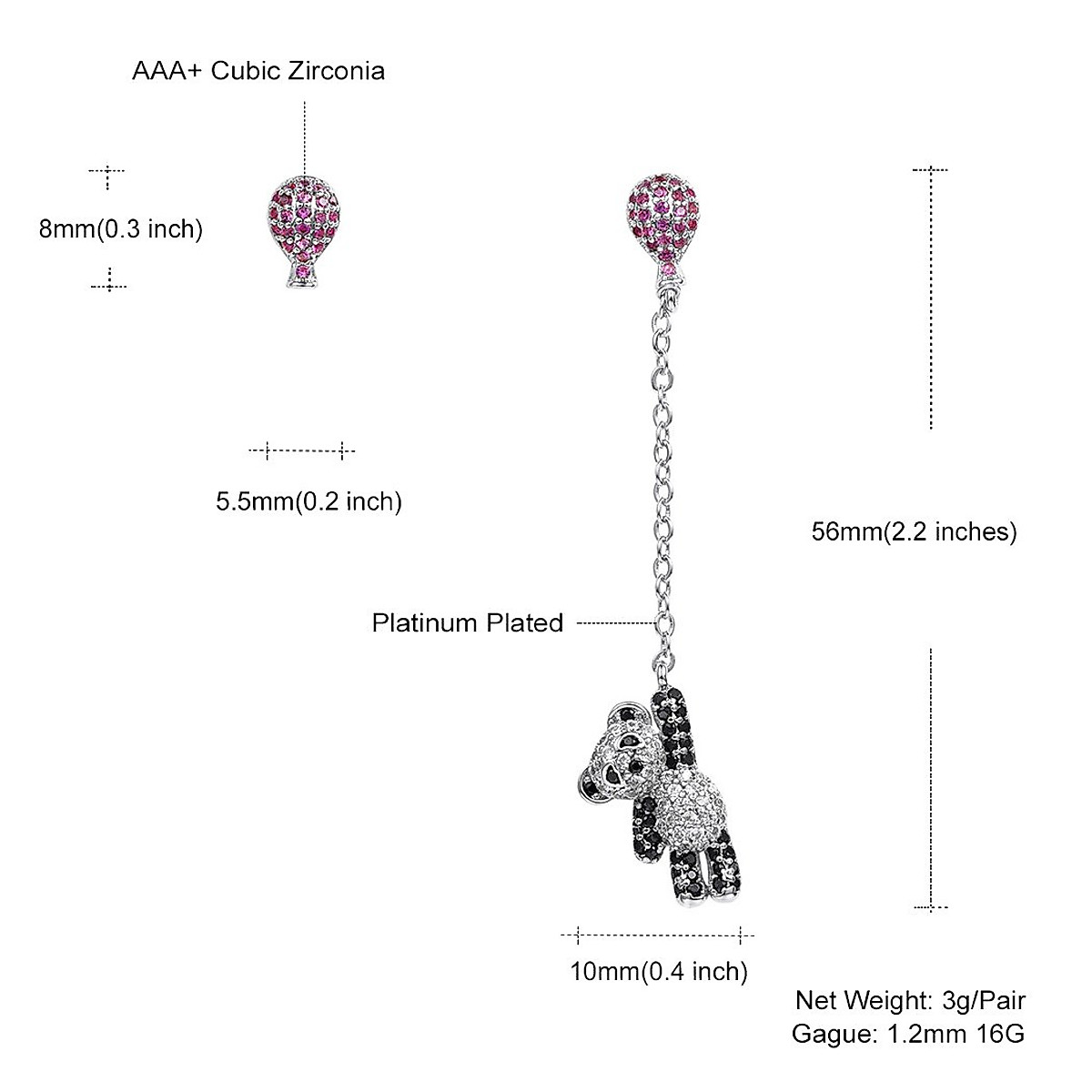 Suplight Asymmetrical Earrings Cubic Zirconia Bear Ballon Mismatch Stud Dangle Earrings for Women