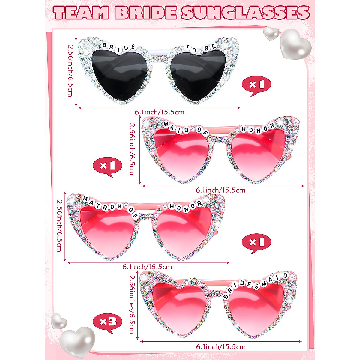 Mootycapa 6 Pcs Bride Sunglasses Bachelorette Sunglasses Party Favors for Bridesmaids for Wedding Party Bride to Be Gifts(White, Pink, Bridesmaid)