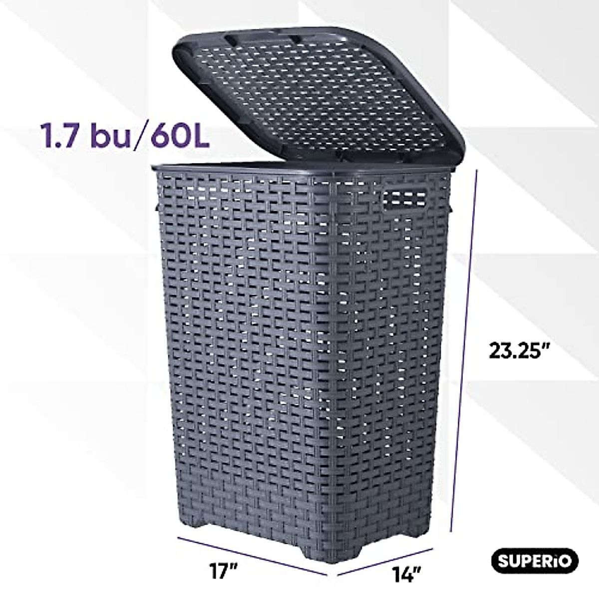 Plastic Laundry Hamper with Lid Laundry Hamper Basket, Grey 2 Pack Tall Cloths Hamper Organizer with Cut-out Handles. Space Saving for Laundry Room Bedroom Bathroom, Wicker Design 60 Liter