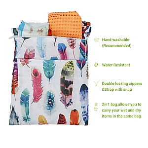 TRENSOM Wet Bag for Cloth Diapers Waterproof Reusable Bags with Two Zippered Pockets Ins Feathers Wet Dry Bag Travel Beach Pool Yoga Gym Bag for Pump Swimsuits Wet Clothes 3pcs