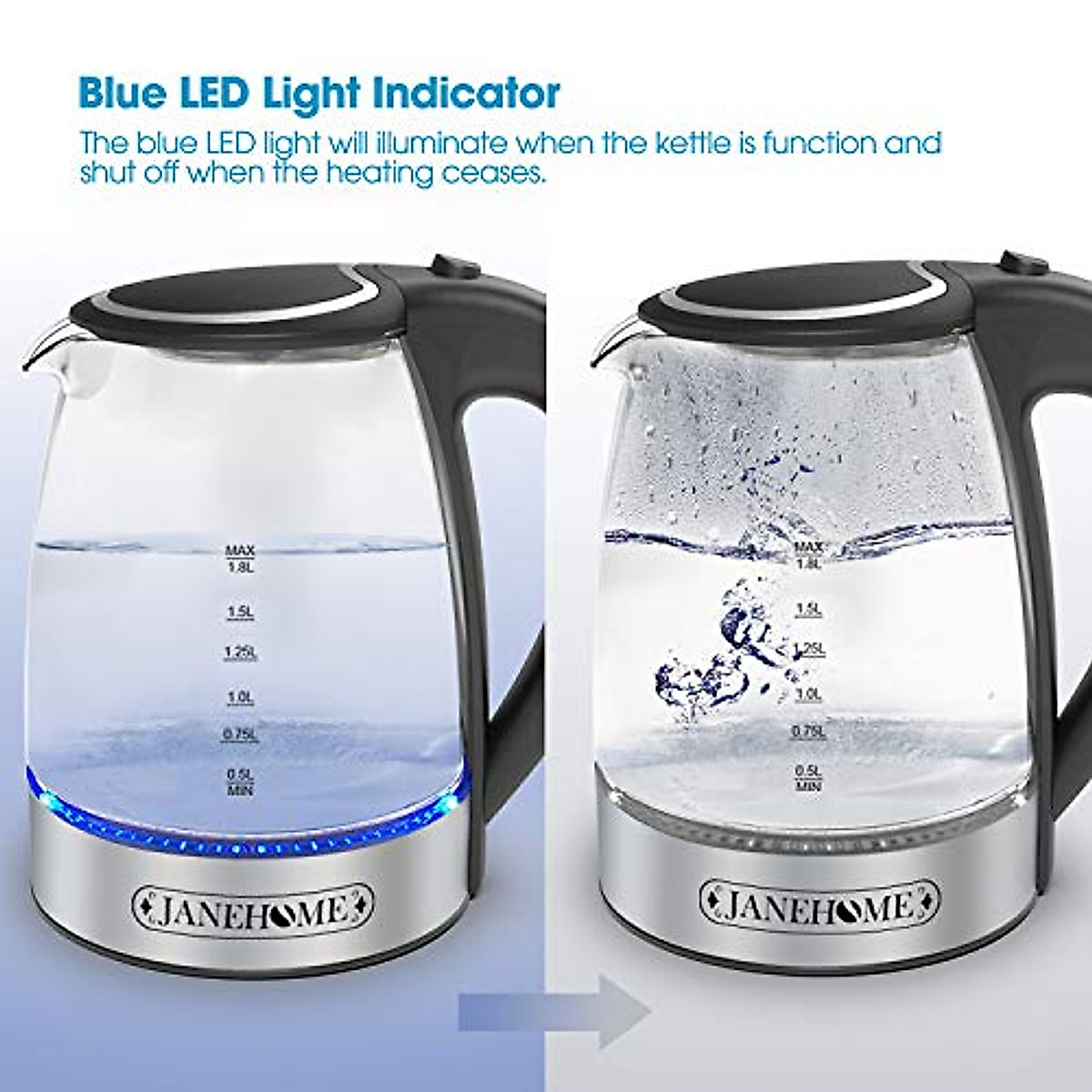 Plaman Electric Kettle,Glass Tea Kettle 1.8L with Blue LED for Boiling Water,BPA-Free Hot Water Glass Kettle with Auto Shut-Off and Boil Dry Protection for Coffee & Tea