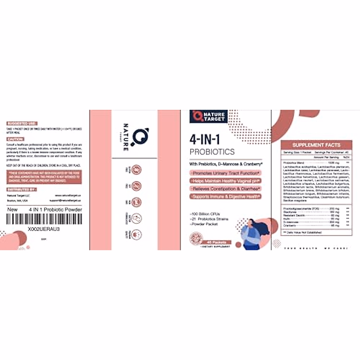 NATURE TARGET Probiotics-for-Women Prebiotics-and-Probiotics-Powder, 100-Billion-CFUs 45-Day-Supply, Women's-Probiotic with D-Mannose and Cranberry for Urinary Tract/Gut/Digestive Health