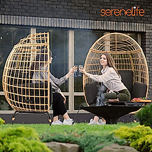 Wicker Rattan Egg Chair, Indoor Outdoor Black Sofa Chair for Patio Backyard and Living Room with 4 Cushions and Powder Coated Steel Frame, Woven Texture Contemporary Ribbed Back Design