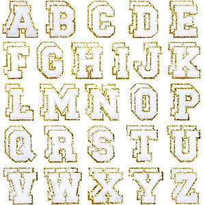 52 Pack 3.14 inch Large Size Letter A-Z Iron On Repair Patches Applique Patches Sewing Clothing Badges with Glitters Border for Shirts Jackets Hats Jeans Shoes Bags (White)