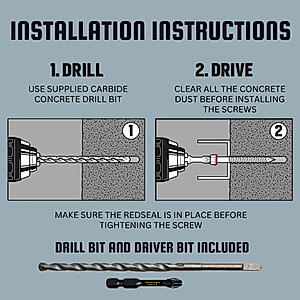 Velocity 2 1/4 Concrete Screws Set with RedSeal Moisture Barrier (Hex Head, 1/4”) – 12 Pcs High-Performance Masonry Screws, Stick Tight Technology, 1 PSD ACR Drive Bit and 1 Carbide Concrete Drill Bit