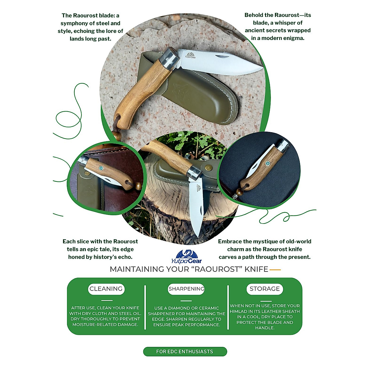 Yutpa Gear Hand Forged Knives Folding Pocket Knife 3.54" Stainless Steel Blade Plain Edge and Handmade Wood Handle with Leather Sheath - Rauros Survival EDC