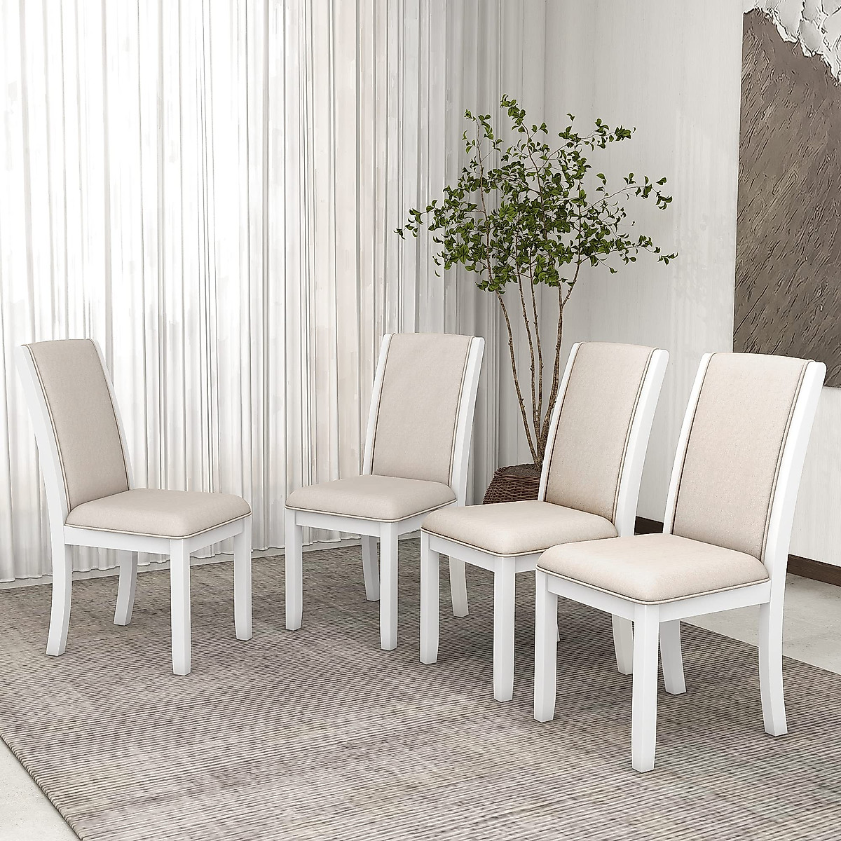 Penifun Set of 4, Full Back Set with Upholstered, Farmhouse Dining Chairs with Solid Wood Frame and Legs,White+Cushion Beige