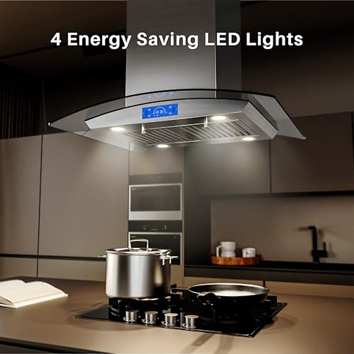 FIREGAS Island Range Hood 30 inch 700 CFM with Chimney, Ceiling Mount Kitchen Vent Hood with Tempered Glass, 4 LED Lights, Permanent Filters, Premium Touch Control Panel, Includes Charcoal Filter