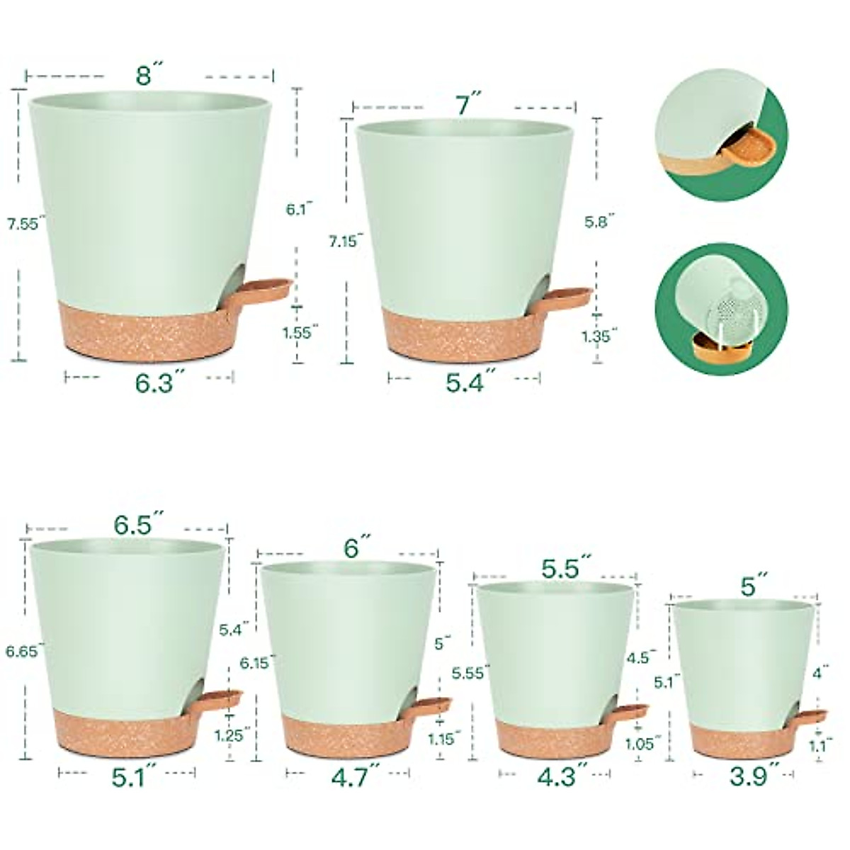 Warmplus Plastic Planters for Indoor Outdoor Plants and Flowers, 8/7/6.5/6/5.5/5 Inch Plant Pots with Drainage Holes,Watering Wick / Lip, Green