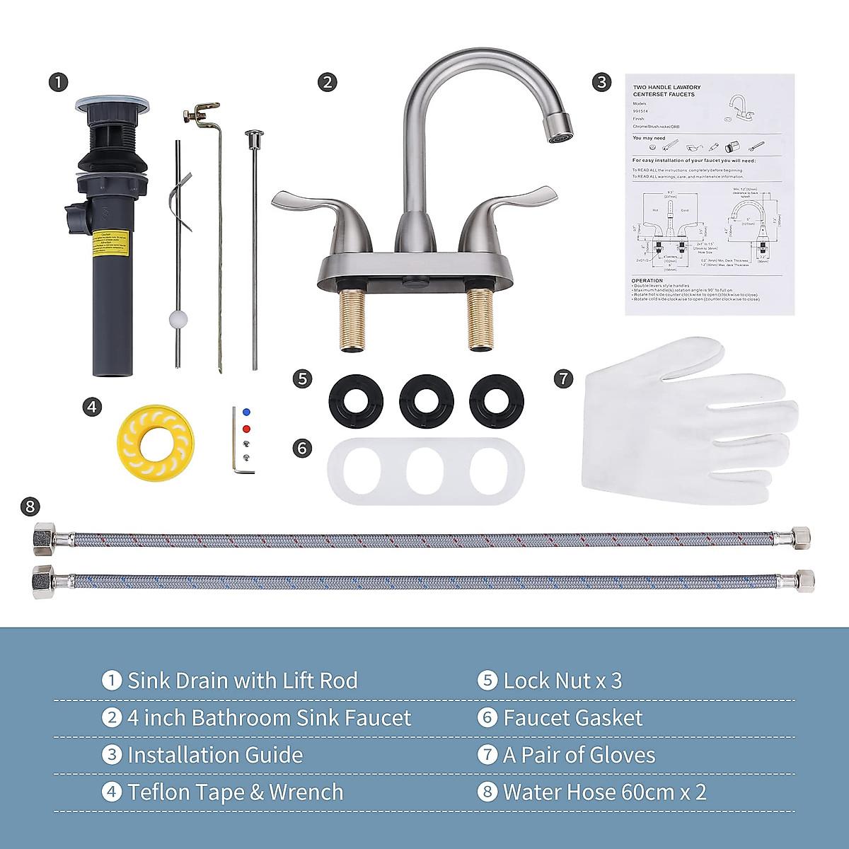 ARCORA 2 Handle Modern Bathroom Faucet Brushed Nickel, 4 Inch Centerset Bathroom Faucet with Drain Assembly and Supply Hoses, 3 Holes Faucet for Bathroom Sink