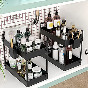 Ronlap 2 Pack Under Sink Organizers and Storage, 2 Tier Bathroom Organizer Under Sink with Handle Hanging Cup Hooks Dividers, Kitchen Organization and Storage Under Sink Cabinet Counter Shelf, Black