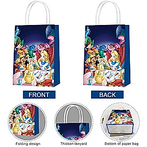 16 Pcs Alice in Wonderland Party Paper Gift Bags, 2 Styles Party Favor Bags with Handles for Alice in Wonderland Party Decorations, Goody Bags Candy Gift Bags for Girls Boys Birthday Party Supplies Favors