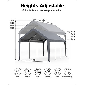 DEXSO Carport 10'x20' Heavy Duty Steel Canopy Height Adjustable & Portable Garage with Roll-up Ventilated Side Doors & Windows for Truck Boat Car Port, Party, Equipment Placement, Grey