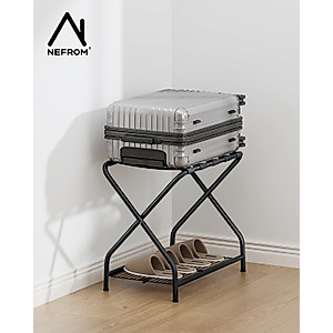 NEFROM Luggage Rack Pack of 2, Foldable Suitcase Stand with Storage Shelf, Metal Luggage Holder for Guest Room, Bedroom, Hotel LR-BK-2