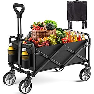 Collapsible Folding Wagon, LUBBYGIM Outdoor Utility Wagon Cart Heavy Duty Foldable with Universal Wheels & Adjustable Handle, Foldable Grocery Wagon for Garden Camping Shopping Sports