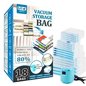 Vacuum Storage Bags with Electric Air Pump,18 Pack (4 Jumbo,4 Large,4 Medium,3 Small,3 Roll Up Bags) Zip Seal Space Saver Bag for Travel Clothes,Blanket,Duvets,Pillows,Comforters