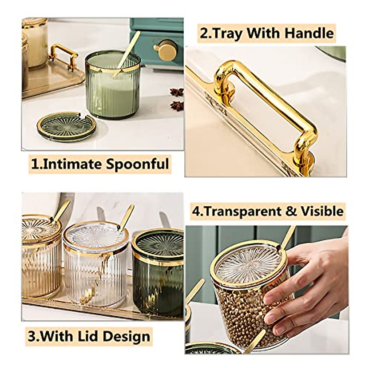 Acrylic Condiment Spice Jars,Condiment Spice Box With Lids and Spoons and Tray,Clear Plastic Condiment Canisters,Seasoning Box 3 Pack,Seasoning Box Set for Kitchen to Storage Salt,Paprika,Sugar