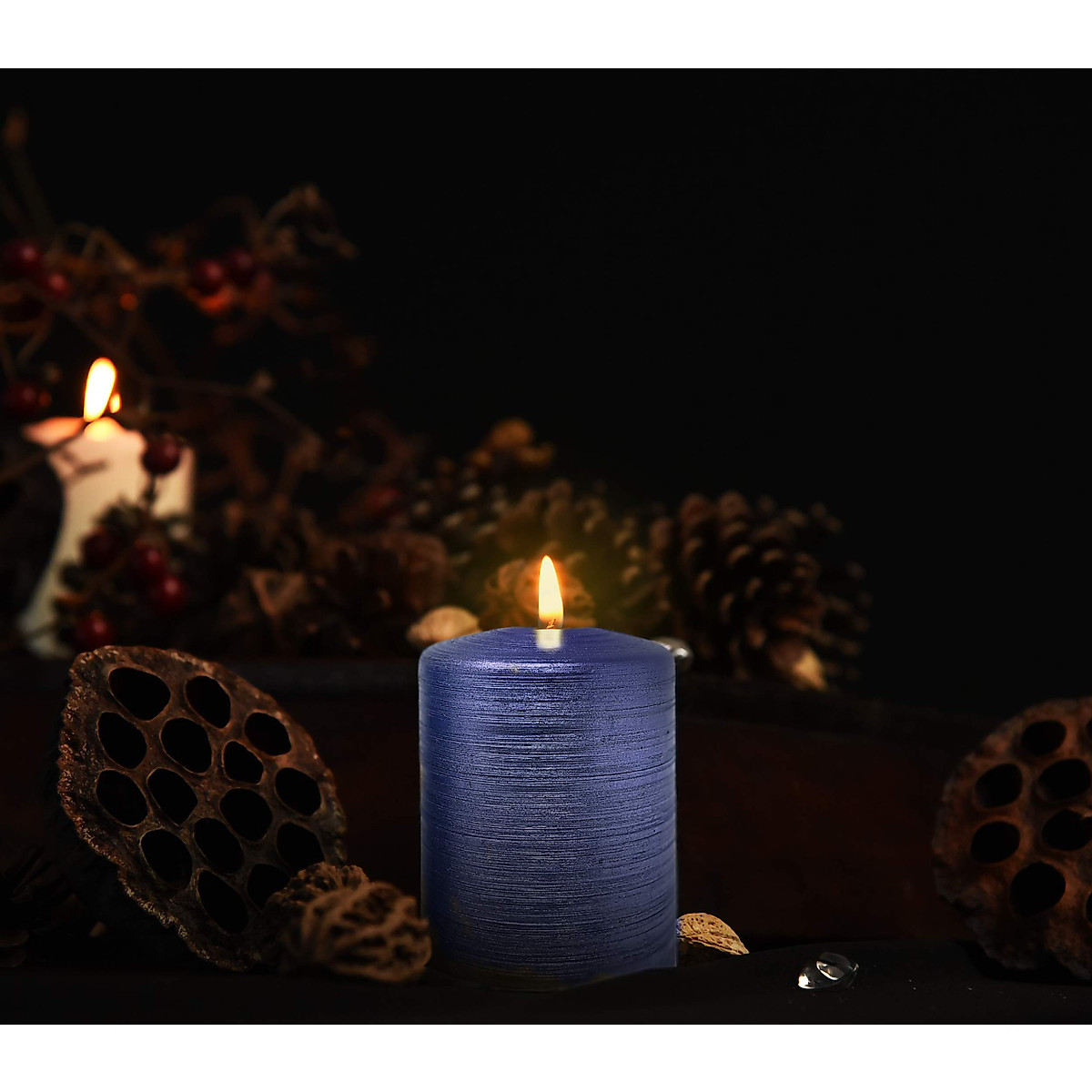 Hyoola Brushed Metallic Pillar Candles - 6 Pack - Navy Blue Pillar Candles - European Made Decorative Pillar Candles - 2.4 Inch x 4 Inch