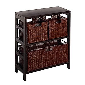Winsome Wood Leo Wood 3 Tier Shelf with 3 Rattan Baskets - 1 large; 2 small in Espresso Finish