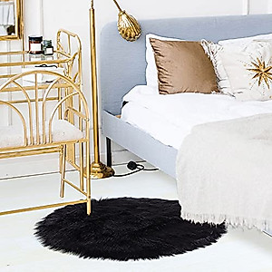 uxcell Faux Fur Round Rug,Fluffy Area Mat,Fluff Rugs for Bedroom Floor Sofa Living Room 2 x 2 Feet Black
