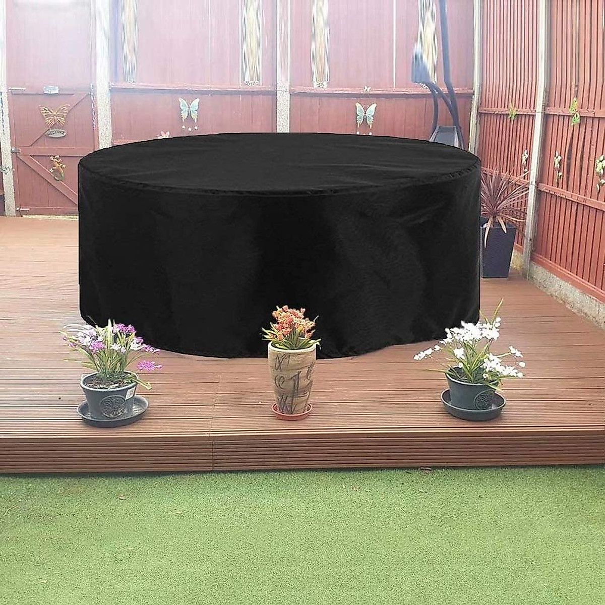 Heavy Duty Patio Table Covers,Round Garden Furniture Covers,Outdoor Furniture Protective Cover for Waterproof Anti-UV, Adjustable Hem (150x110cm,Black)