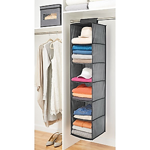 mDesign Long Soft Fabric Over Closet Rod Hanging Storage Organizer with 6 Shelves for Clothes, Leggings, Lingerie, T Shirts - Textured Print with Solid Trim - 2 Pack - Charcoal Gray/Black