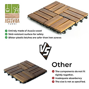 ASESVIDA Acacia Interlocking Deck Tiles - Premium 9 Pack Outdoor Flooring 12 Slats - Waterproof, Durable Wood Patio Tiles for Garden, Balcony, Backyard - Ring Joint Design (12 slats, Acacia, 9)