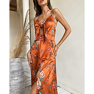 Fashionme Women Spaghetti Strap Midi Satin Dresses Tie Front Backless Split Summer Casual Floral Dress Hollow Flowy Slip Dress Sundress Wedding Guest Beach Cocktail Graduation Orange