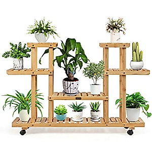 Happygrill Plant Stand Flower Display Rack Wooden Plant Shelves Bonsai Display Shelf with Wheels