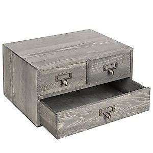 MyGift Rustic Gray Solid Wood Office Supplies Desk Organizer with 3 Pull Out Drawers and Metal Label Holder