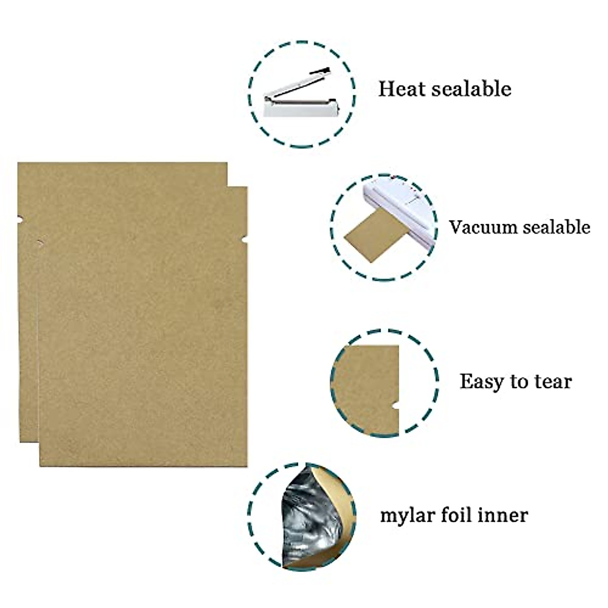 100 Pieces 2.4x3.5 inch (Inside Size 2x3.1 inch) Inner Mylar Foil Open Top Sealable 5.5mil Kraft Paper Bags Aluminum Foil Vacuum Heat Seal Pouches for Food Storage Bag Candy Packaging with Tear Notches