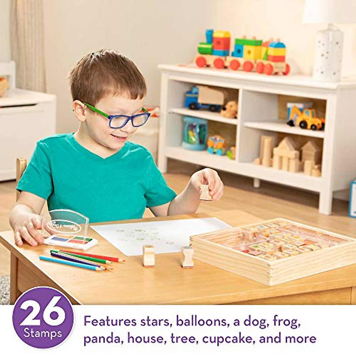 Melissa & Doug Wooden Stamp Set, Favorite Things - 26 Stamps, 4-Color Stamp Pad With Washable Ink For Art Projects For Kids Ages 4+