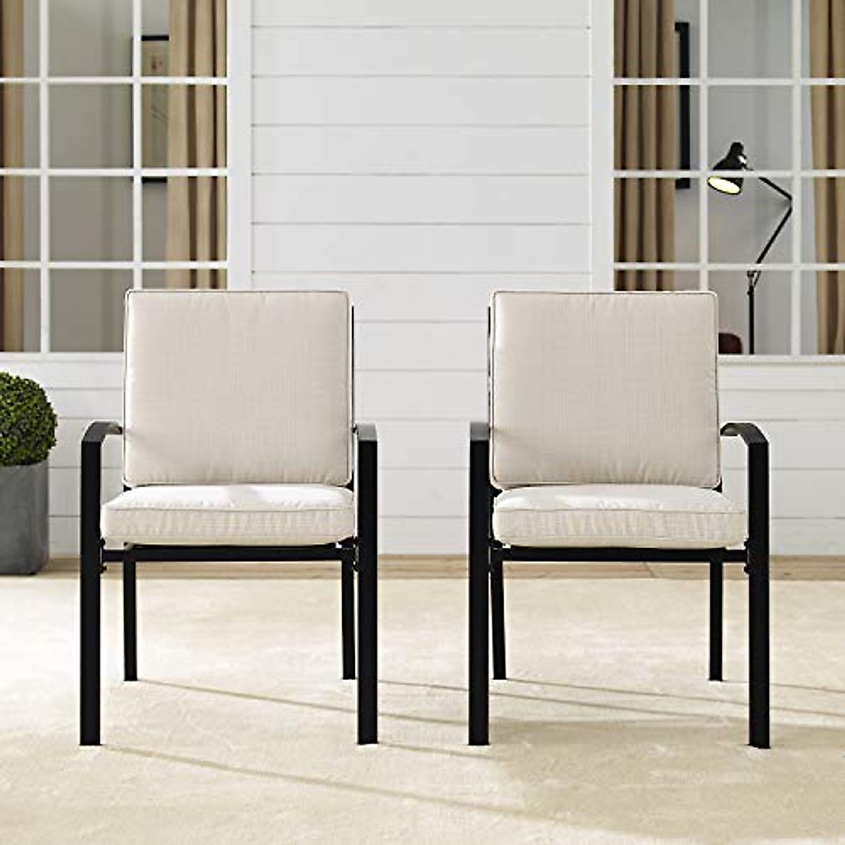 Crosley Furniture KO60025BZ-OL Kaplan Outdoor Metal Dining Chairs, Set of 2, Oiled Bronze with Oatmeal Cushions