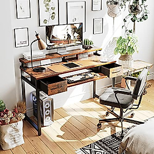 ODK Computer Desk with Keyboard Tray and Drawers, 48 inch Office Desk with Storage, Writing Desk with Monitor Shelf, Work Desk Workstation for Home Office/Bedroom, Rustic Brown