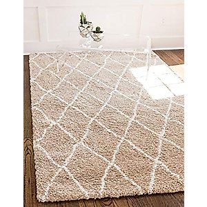 Unique Loom Rabat Shag Collection Modern Tribal Moroccan Inspired Plush & Soft Geometric Design Area Rug (5' 0 x 8' 0 Rectangular, Taupe/ Ivory)