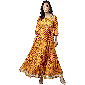 Janasya Women's Mustard Cotton Floral Print Flared Kurta(JNE3971-KR-XL)
