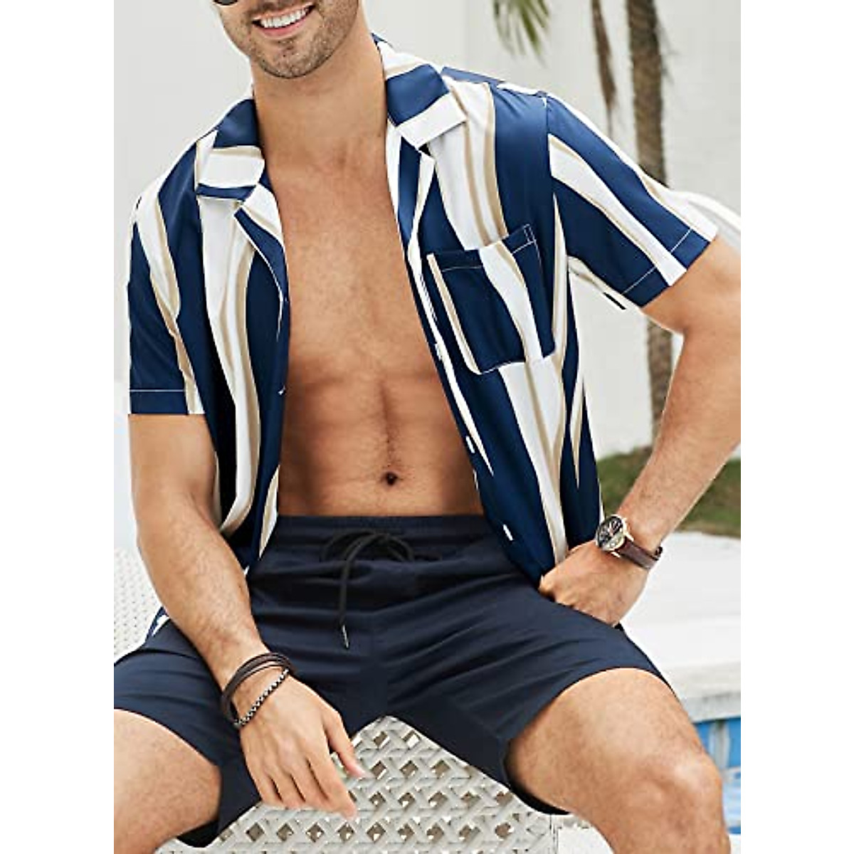 JMIERR Men's Button Up Hawaiian Shirt Tropical Floral Short Sleeve Mens Beach Shirts Summer Vacation Shirts with Pockets, US 40(M), Sky Blue