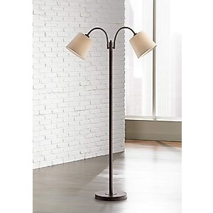 360 Lighting Seneca Modern Standing Floor Lamp 56" Tall Dark Bronze Brown Twin Arm Adjustable Gooseneck Neutral Cotton Drum Shade for Living Room Reading House Bedroom Home