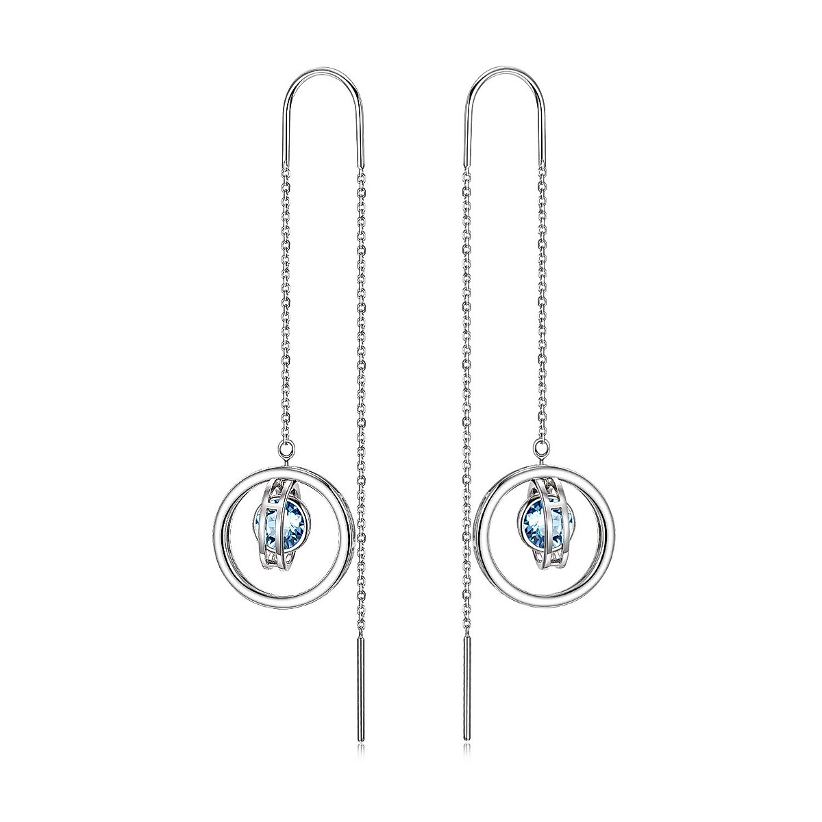 AOBOCO Sterling Silver Planet Galaxy Star Dangle Drop Earrings, Hypoallergenic Threader Earrings, Simulated Aquamarine Birthstone Crystal from Austria, Anniversary Birthday
