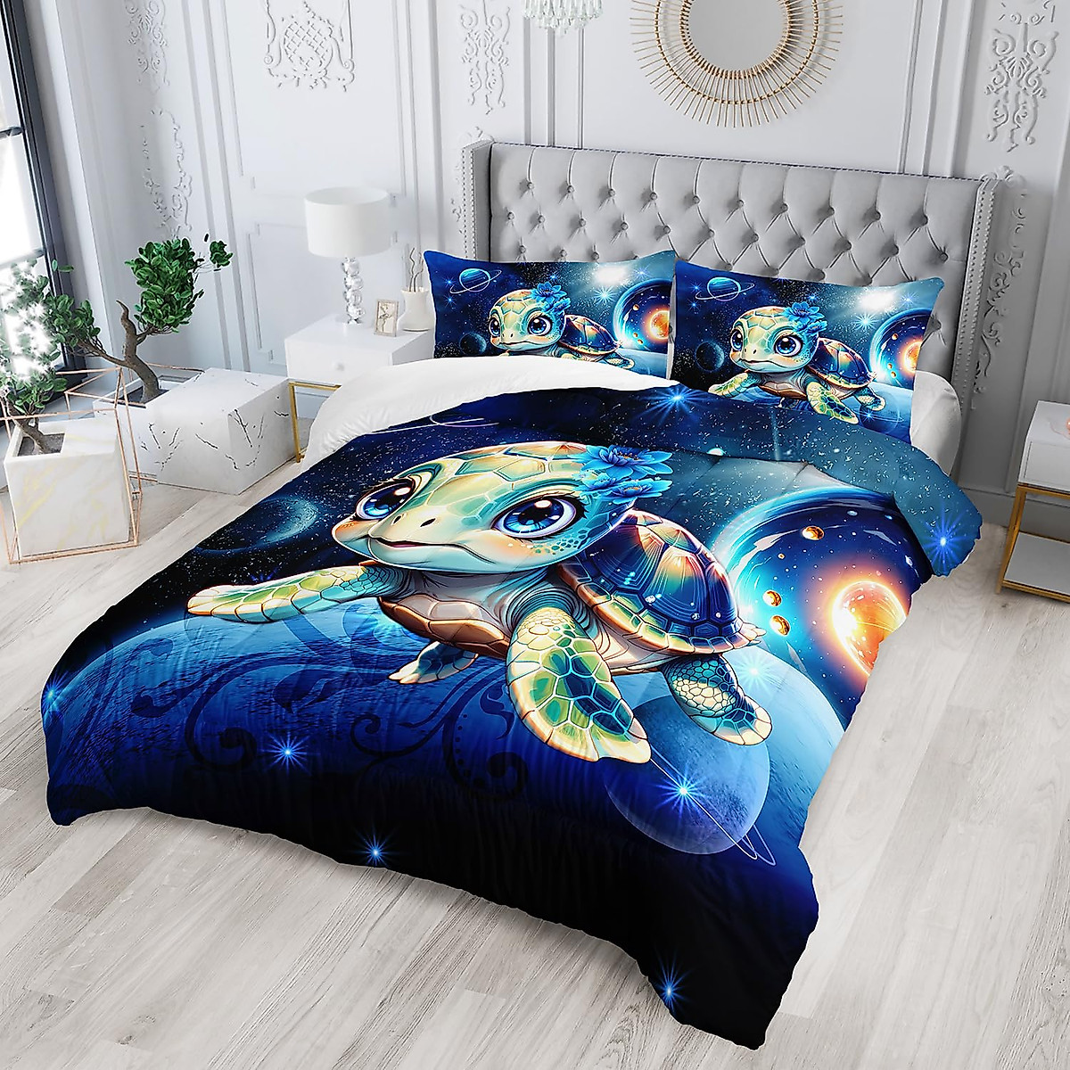 AILONEN 3D Sea Turtle Comforter Set Full Size, Cute Turtle Blue Space Galaxy Planet Bedding Set for Room Decor,Kawaii Kids Boys Girls Ocean Turtle Quilt with 2 Pillowcases,3 Pieces