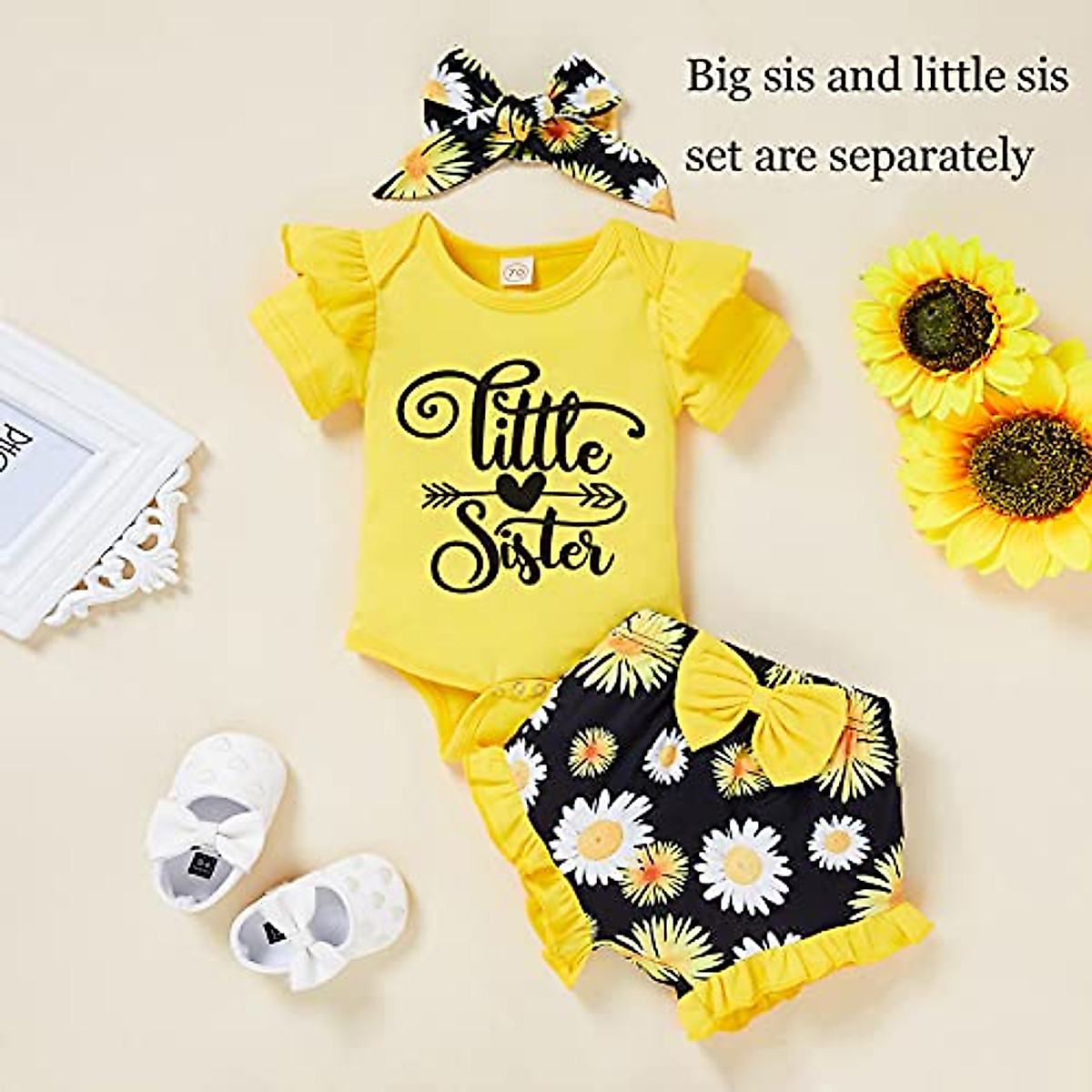 Baby Girl Sister Matching Outfits Little Big Sister Ruffle Romper Tops + Sunflower Shorts Set Summer Clothes(Yellow Little Sis,0-3M)