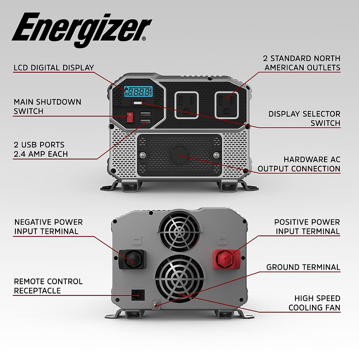 Energizer 4000 Watts Power Inverter Modified Sine Wave Car Inverter, 12V to 110 Volts, Two AC Outlets, Two USB Ports (2.4 Amp), Hardwire Kit, Battery Cables Included – ETL Approved Under UL STD 458