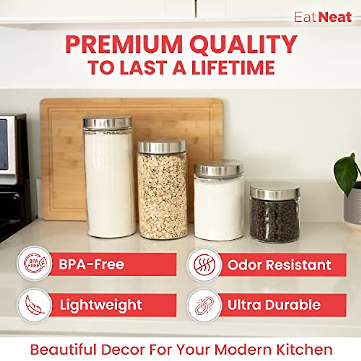 EatNeat 4 Piece Beautiful Glass Kitchen Canisters with Stainless Steel Lids - Premium Food Storage Container, Versatile Cereal, Sugar, Flour, Coffee, Snacks Container for Clean Kitchen Organization