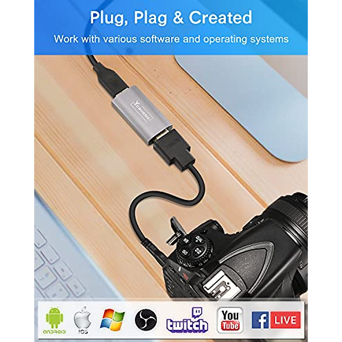 YCBUENO Video Capture Card, 4K HDMI/Male to USB3.0/Female Full HD 1080P/60fps, HDMI Capture Card for Live Broadcast, DSLR, Video Capture Device for High Definition Acquisition, Gaming, Live Stream
