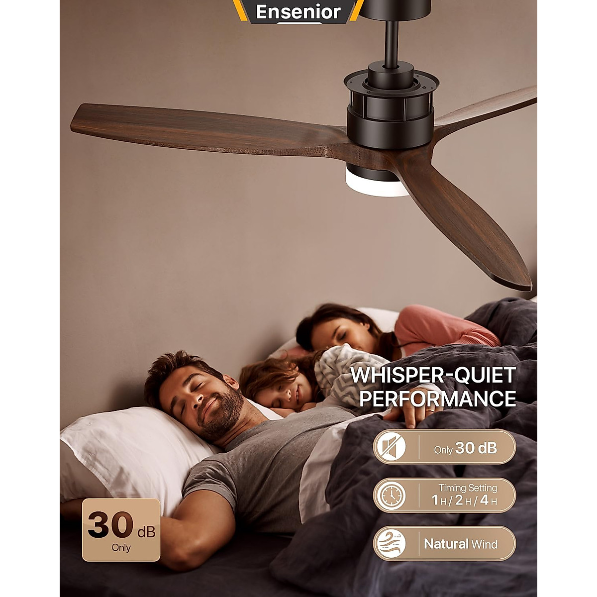 Ensenior 52’’ Wood Ceiling Fan with Light and Remote Control, Reversible and Silent DC motor, Modern Ceiling Fan with Remote for Bedroom, Living Room, 5CCT selectable LED Light, Black (335)