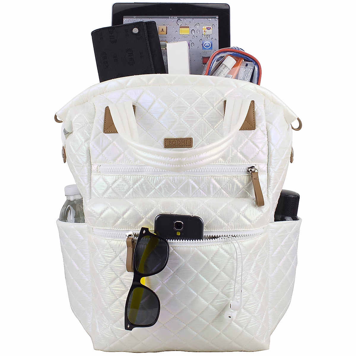 BODHI Quilted Luxe Top Handles Backpack with Trolley Sleeve - White Iridescent