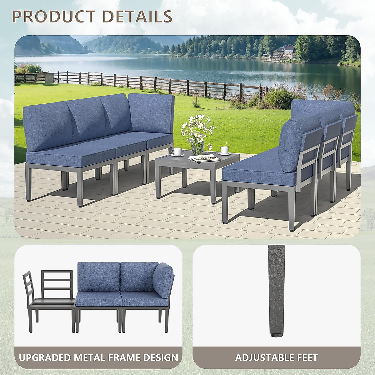 Kullavik Patio Furniture Set,7 Pieces Metal Modern Outdoor Furniture,Outdoor Sectional Sofa w/5.1" Cushions and Coffee Table for Patio,Backyard，Navy Blue