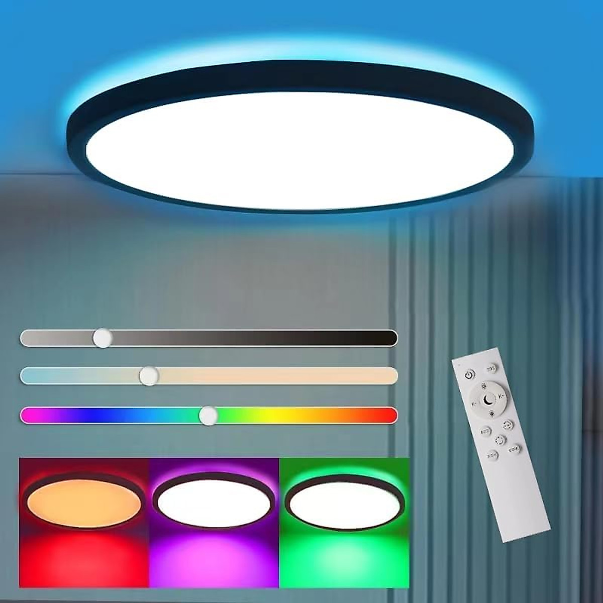 Marfete Flush Mount LED Ceiling Light Dimmable with Remote Control, 15.3 Inch 35W RGB Frontlight Close to Ceiling Light Fixture 3000-6500K, Modern Ultra-Thin Round Ceiling Lamp, for Bedroom