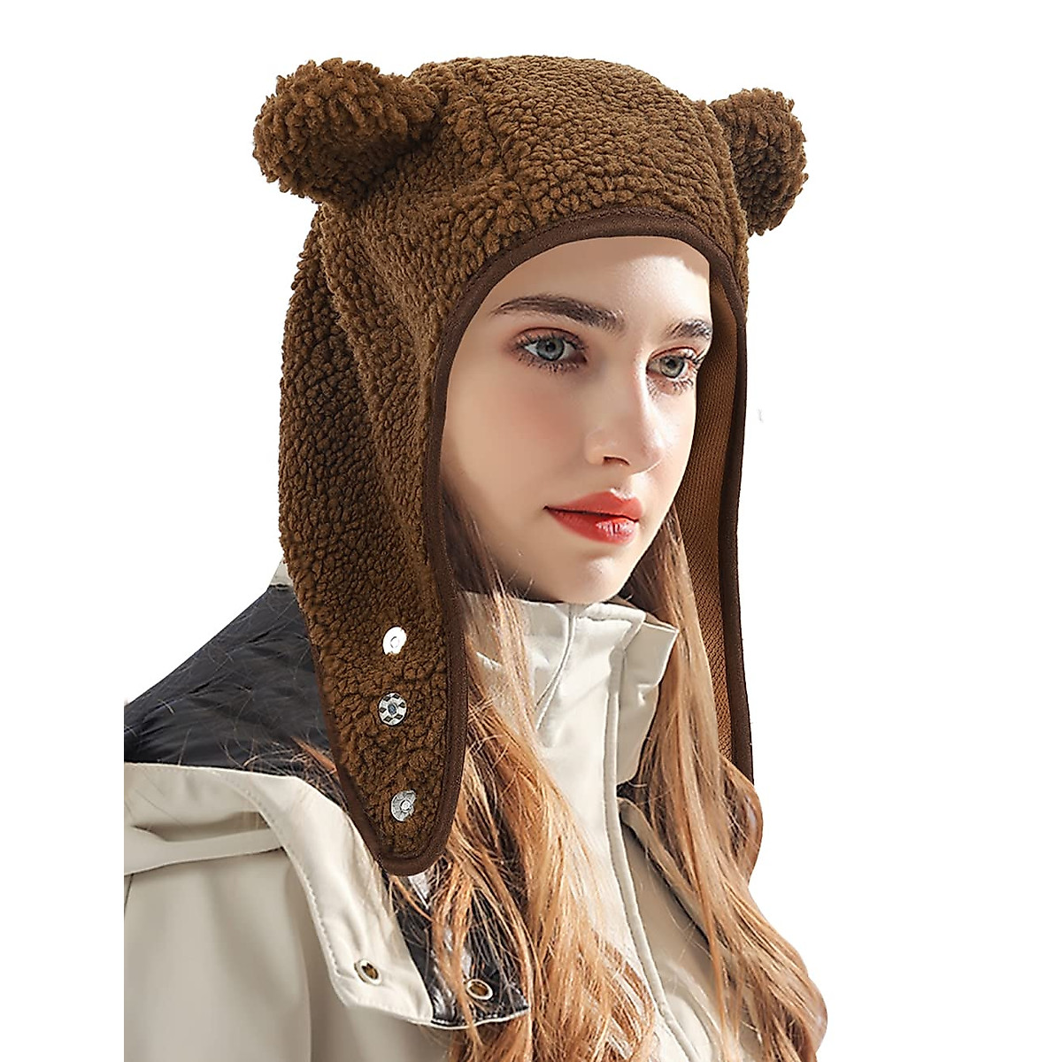 DOCILA Brown Bear Hat Women Ear Warmer Winter Hats Lightweight Lamb Fleece Beanie Hats Cold Weather Plush Earflap Skull Caps